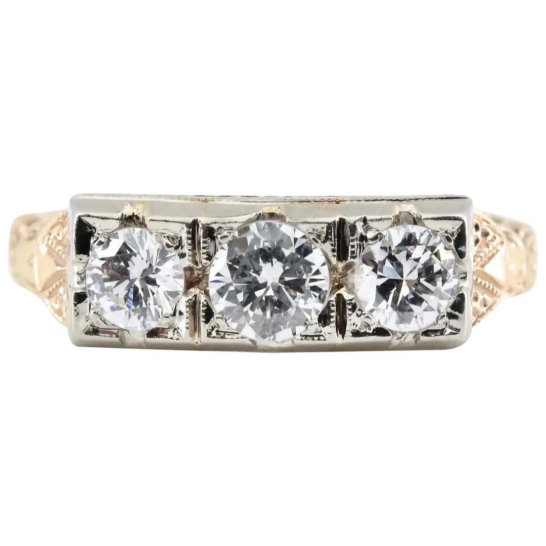 Art Deco 0.70ctw Three Stone Old Euro Cut Diamond Ring in 14K Gold - Etsy