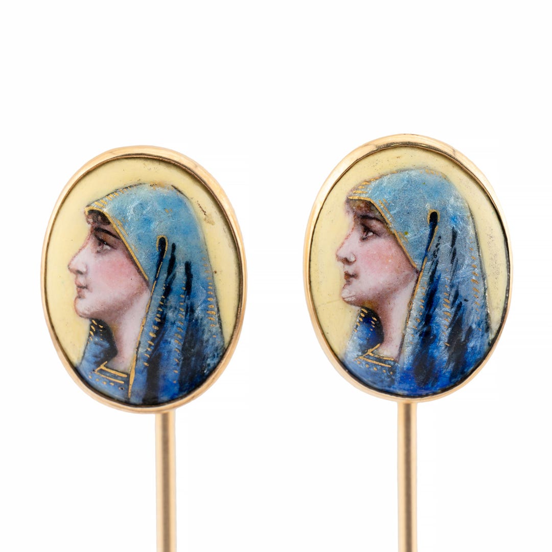 Pair of Virgin Mary Hand Painted Enamel Stick Pins in 14 Karat Yellow ...