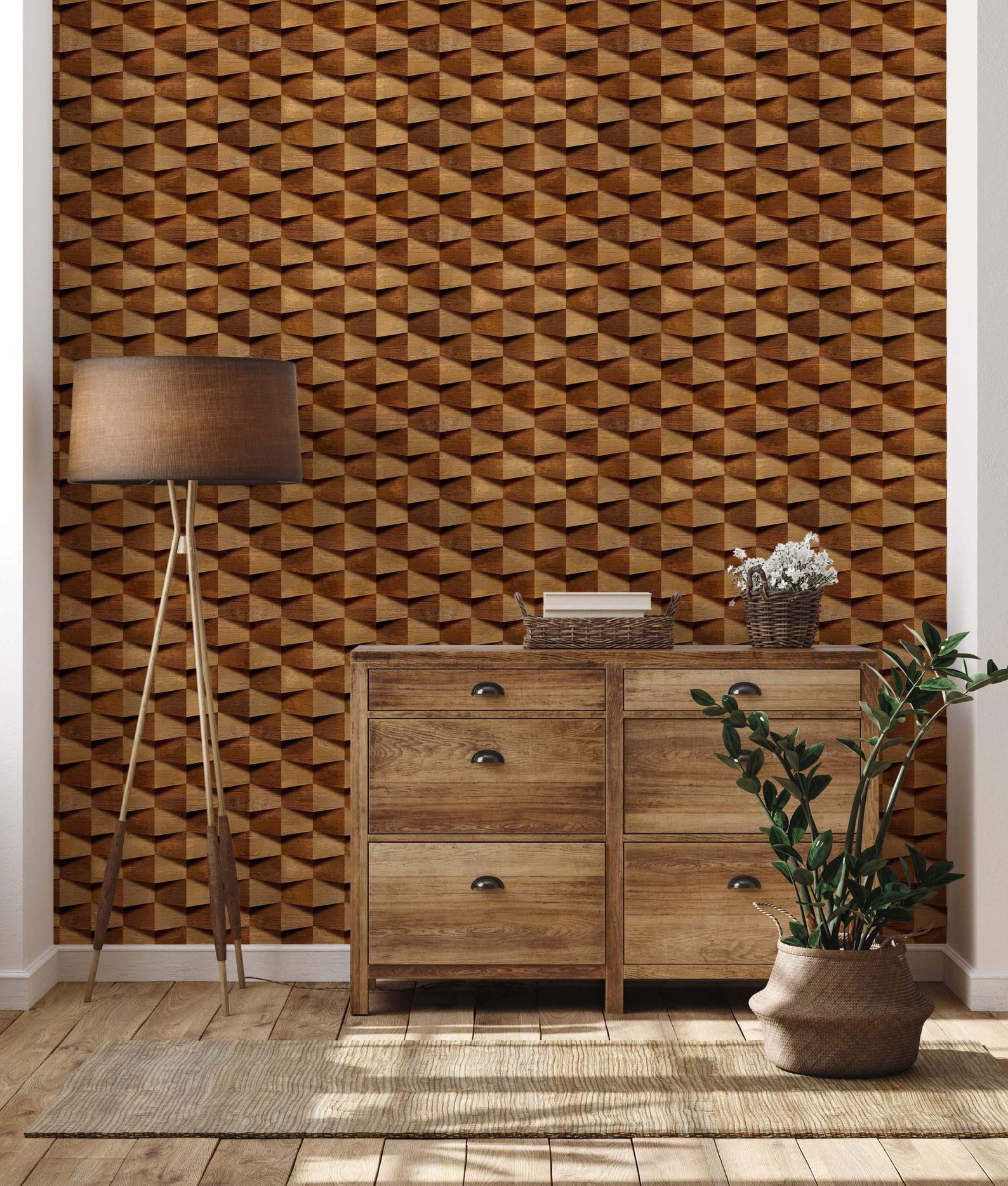 Wood Blocks Wallpaper: Brown & Tan Geometric Wall Decor - Etsy