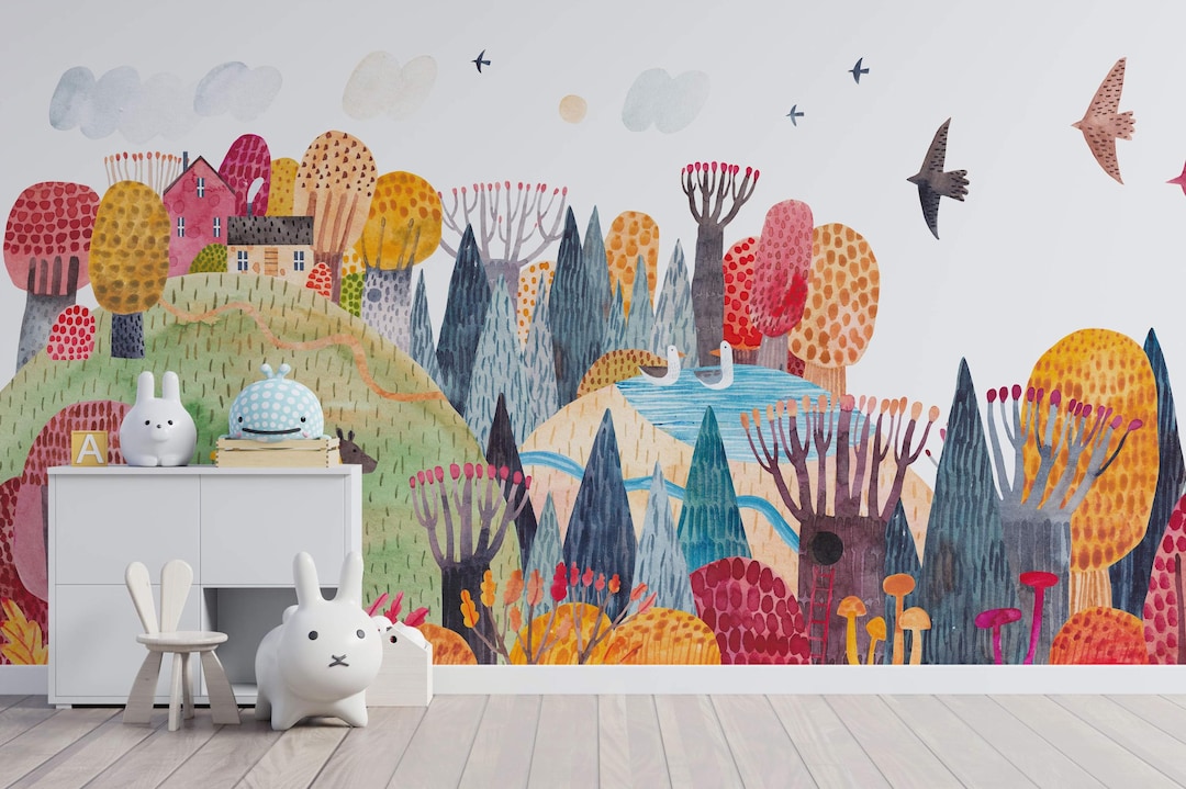 Watercolor Storybook Forest Wall Mural: Woodland Nursery Decor - Etsy