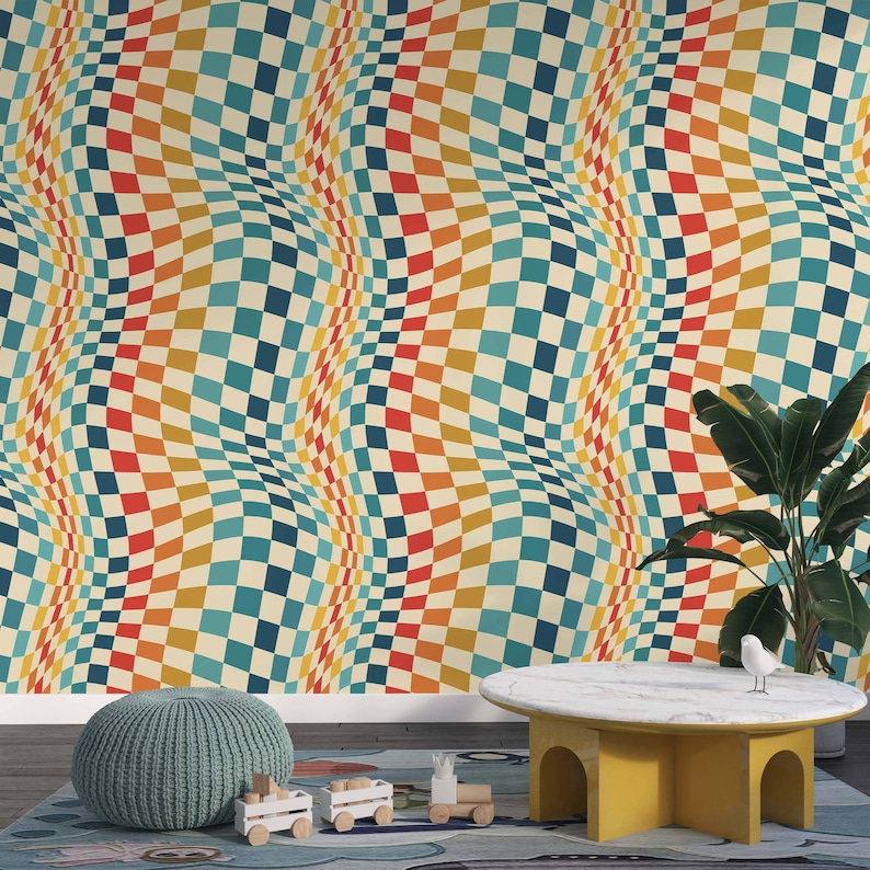 Wavy Checkered Wallpaper: Colorful Retro Wall Decor - Etsy