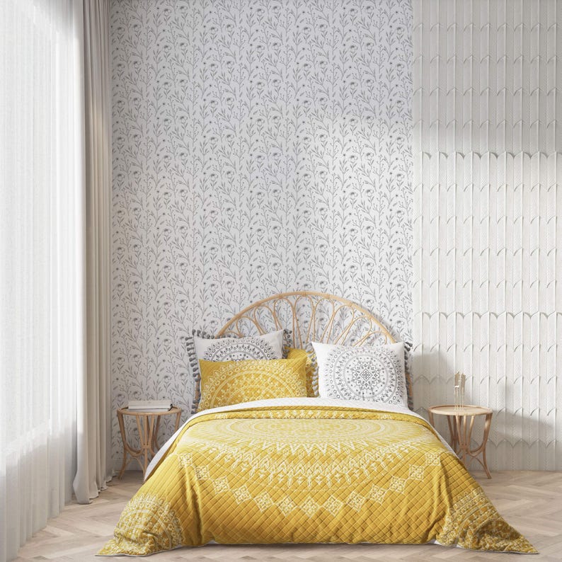 Dainty Floral Wallpaper: White & Grey Minimalist Botanical Decor - Etsy