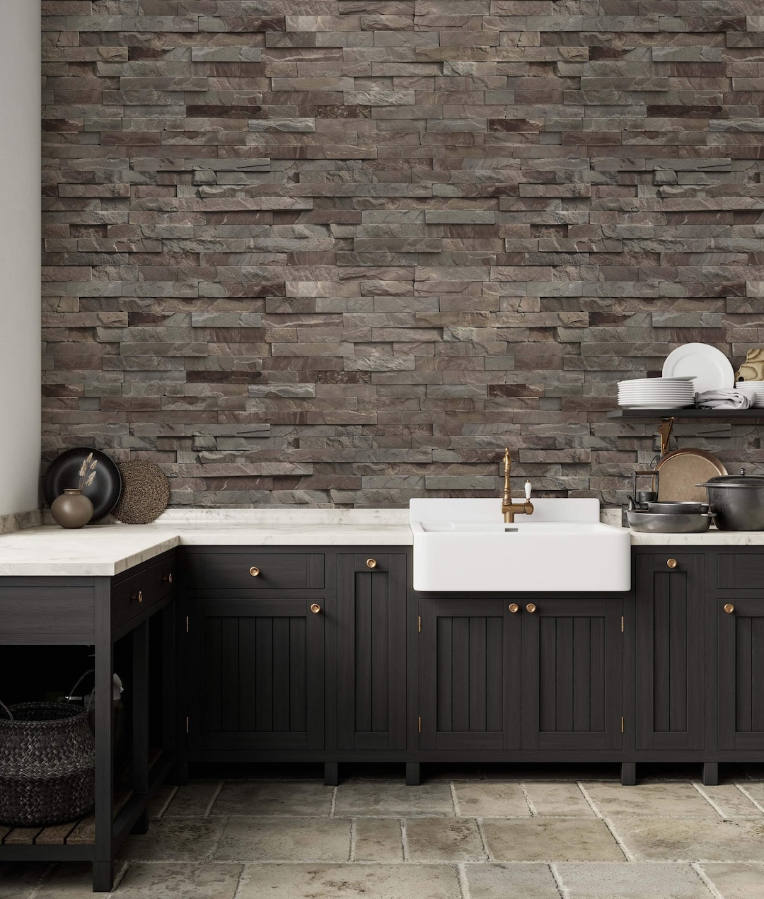 Stacked Stone Wallpaper | Brown & Gray, Rustic Wall Decor | Traditional ...