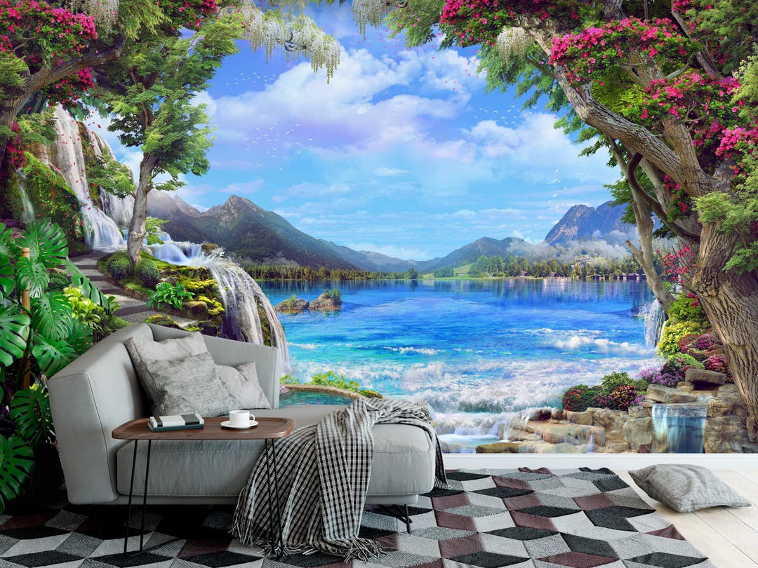 Enchanted Waterfall Wall Mural: Blue & Green Fantasy Forest Decor - Etsy