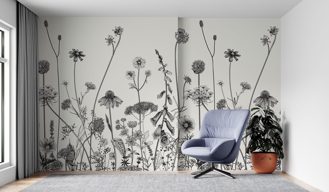 Wildflower Ink Monochromatic Botanical Wallpaper Peel and Stick ...