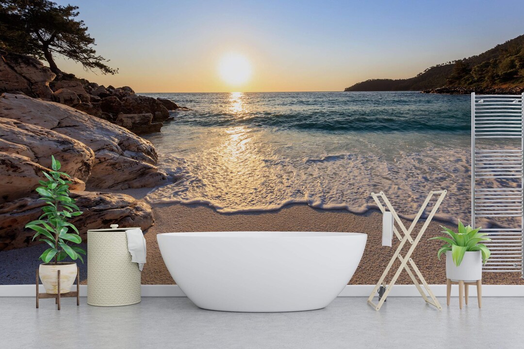 Sunset Beach Wall Mural: Blue & Yellow Tropical Ocean Decor - Etsy