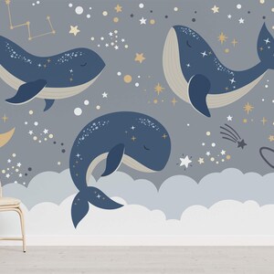 Cosmic Whales Wall Mural: Gray & Blue Celestial Wall Decor - Etsy