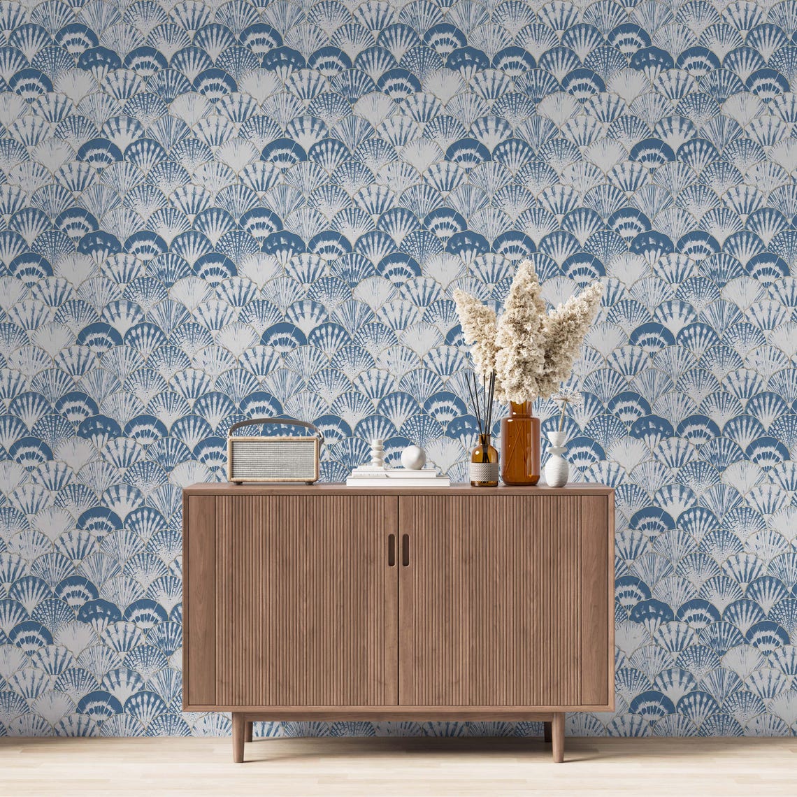 Scallop Shells Wallpaper: White & Blue Coastal Wall Decor - Etsy