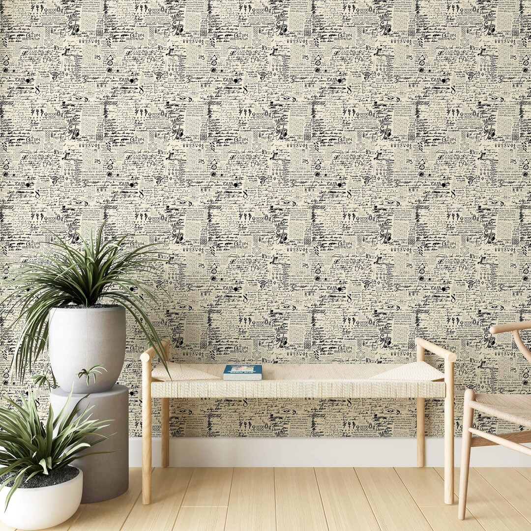 Ancient Script Wallpaper: Cream & Black Vintage Calligraphy Decor - Etsy