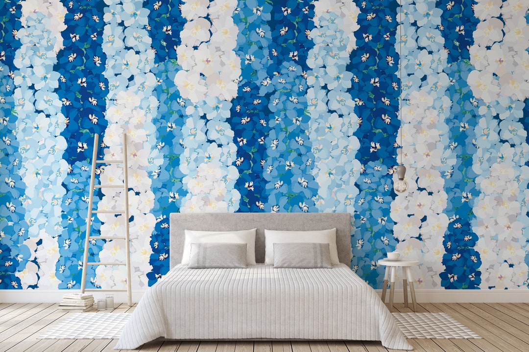 Floral Watercolor Blue Wallpaper Wall Decal for Bedroom - Etsy