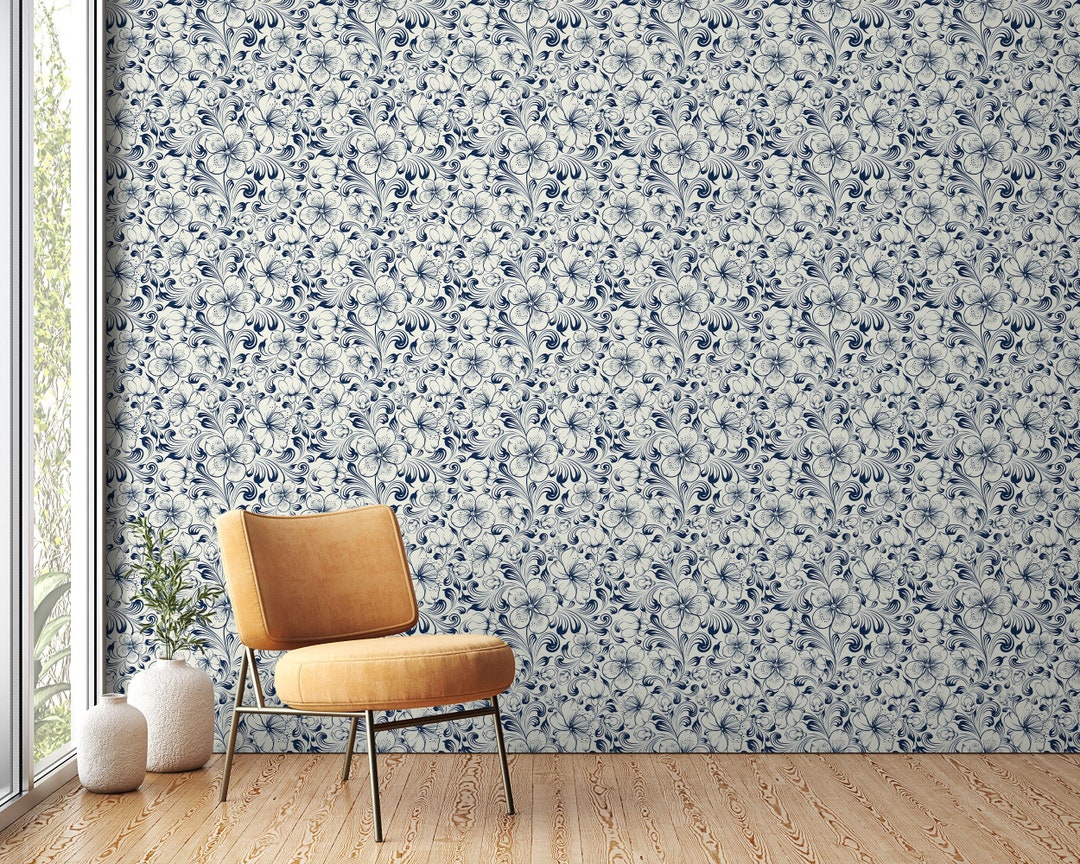 Indigo Swirls & Blooms - Classic Floral Wallpaper - Peel and Stick ...
