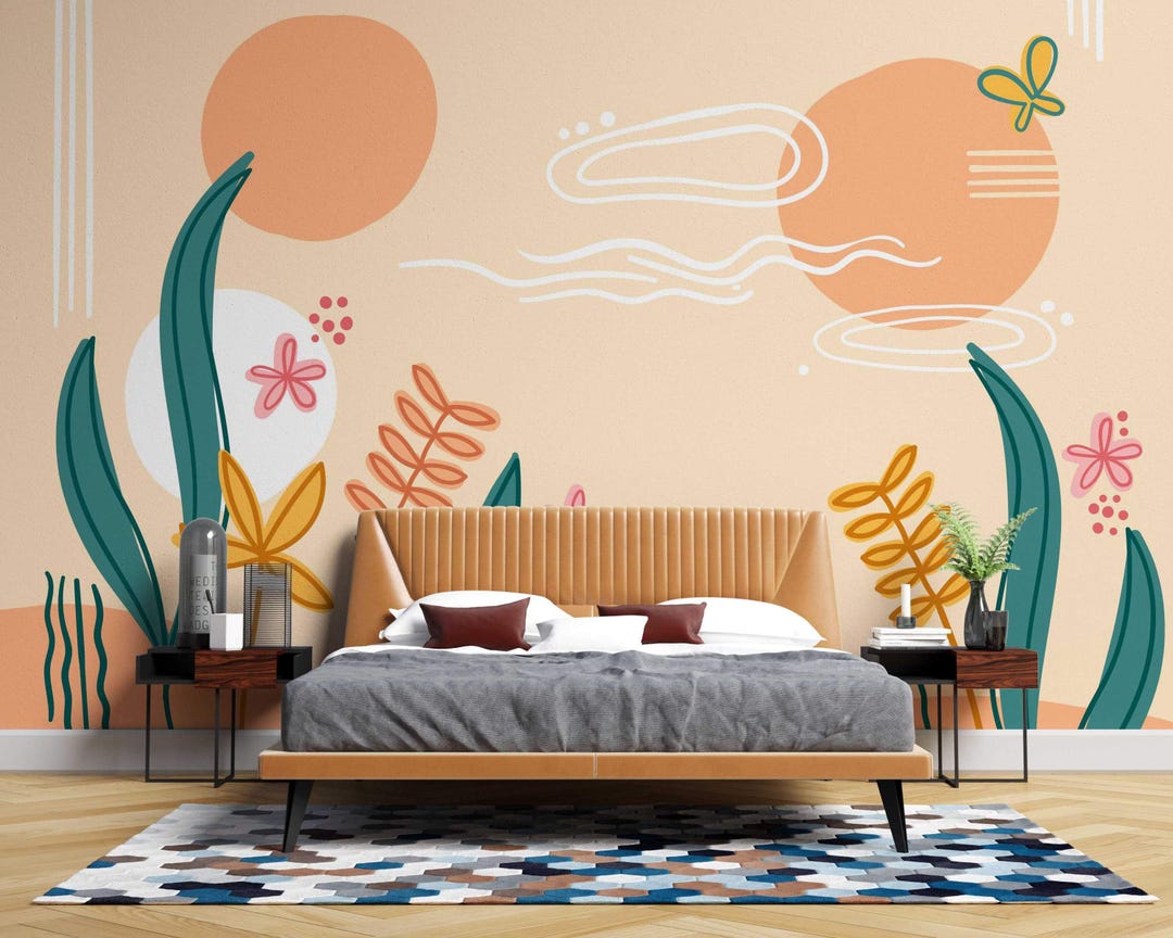 Abstract Floral Wall Mural: Peach & Teal Abstract Botanical Decor - Etsy