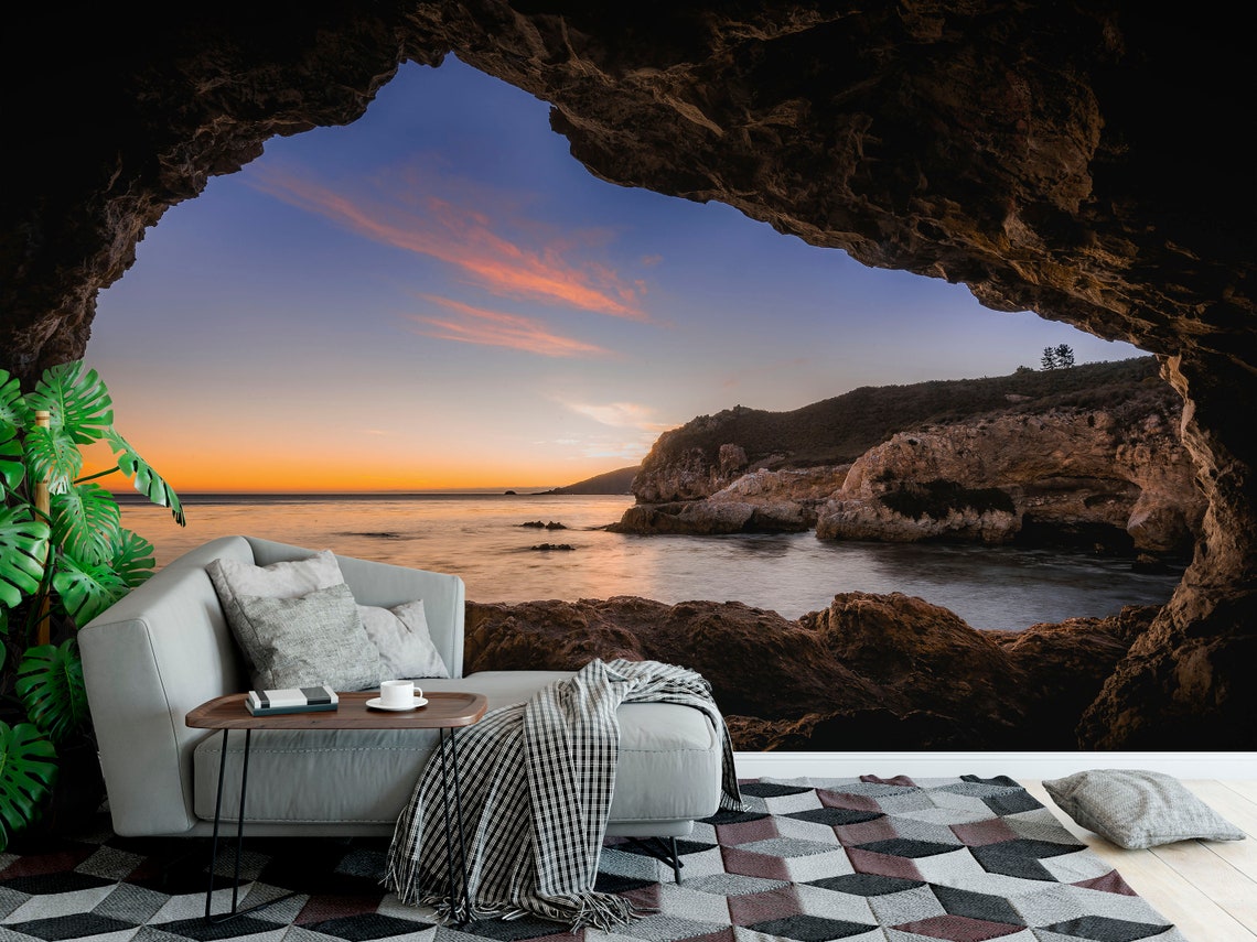 Sunset Ocean Cave Wallpaper Wall Decal for Bedroom Wall - Etsy