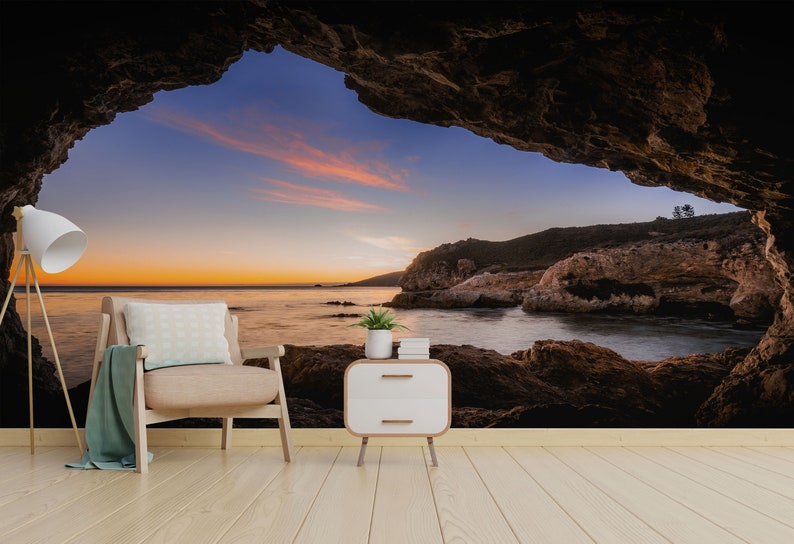 Sunset Ocean Cave Wallpaper Wall Decal for Bedroom Wall - Etsy