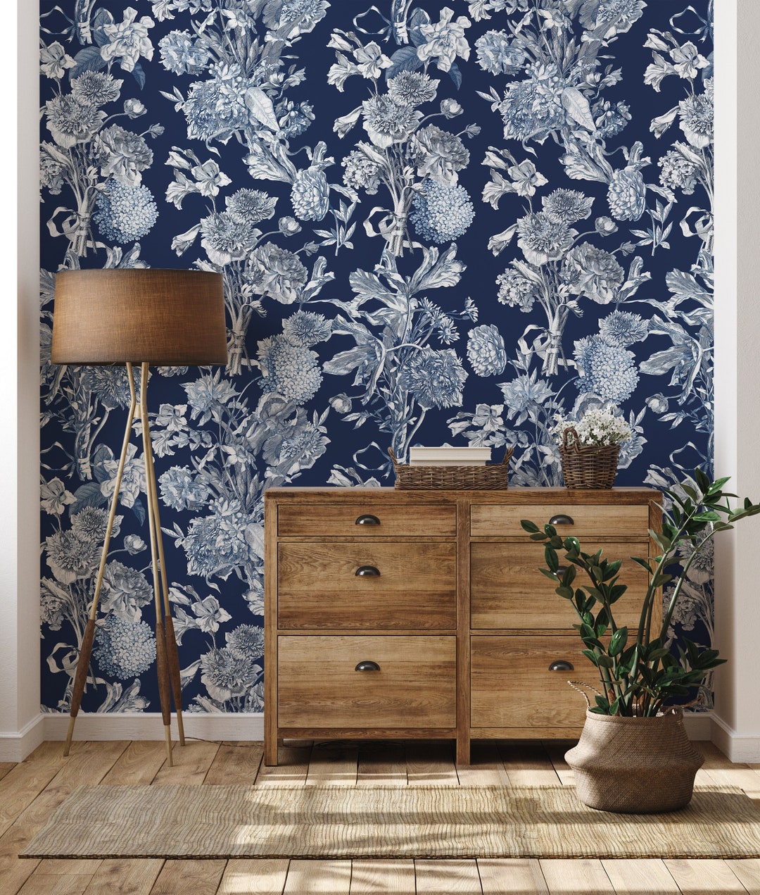 Midnight Florals Classic Blue Botanical Wallpaper Peel and Stick ...