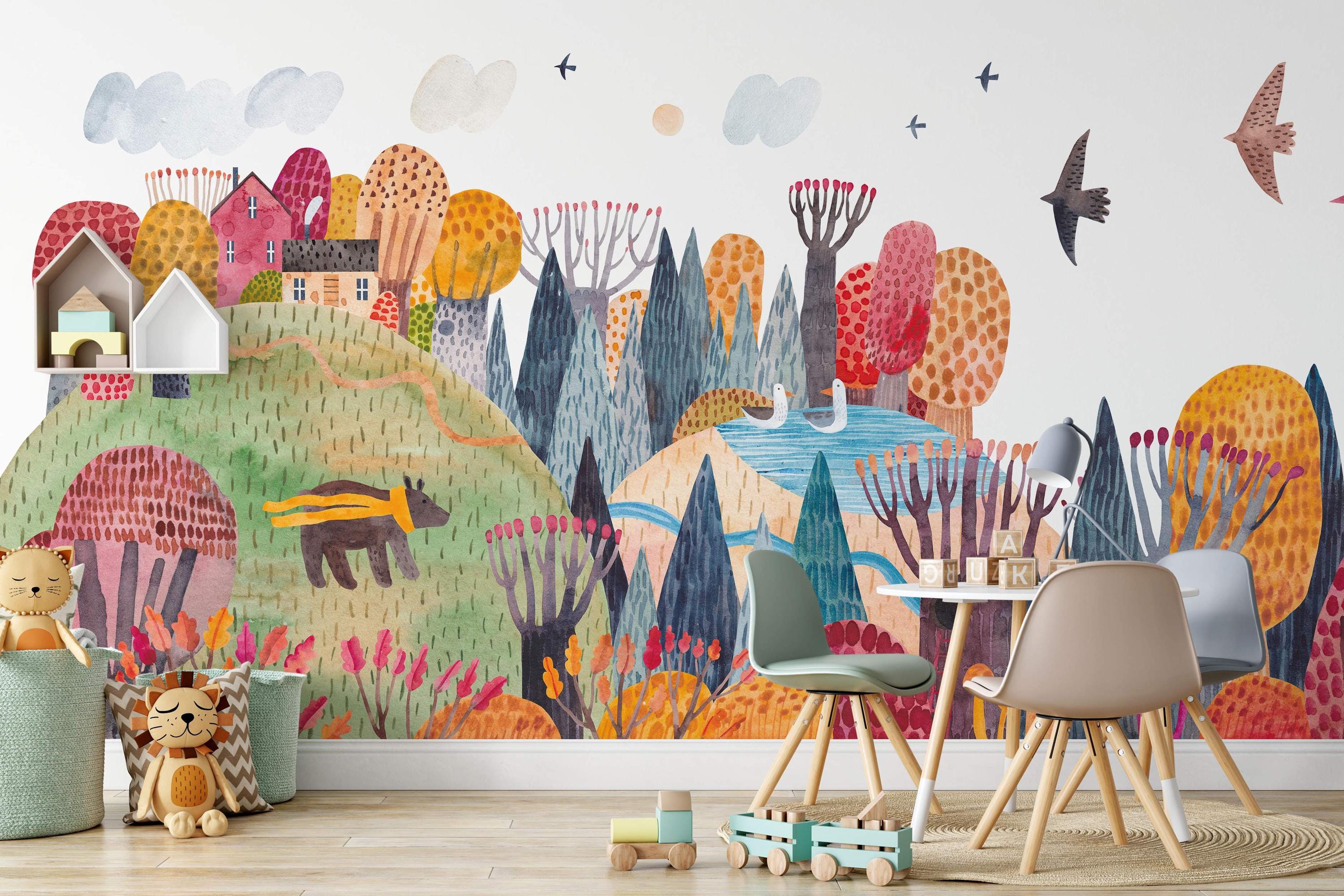 Watercolor Storybook Forest Wall Mural: Woodland Nursery Decor - Etsy