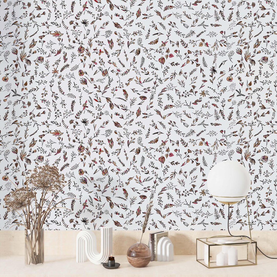 Wildflower Sprigs Wallpaper | White & Brown, Botanical Wall Decor ...