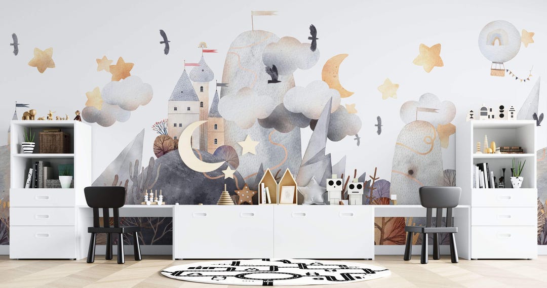 Storybook Castle Wall Mural: Watercolor Nursery Decor - Etsy