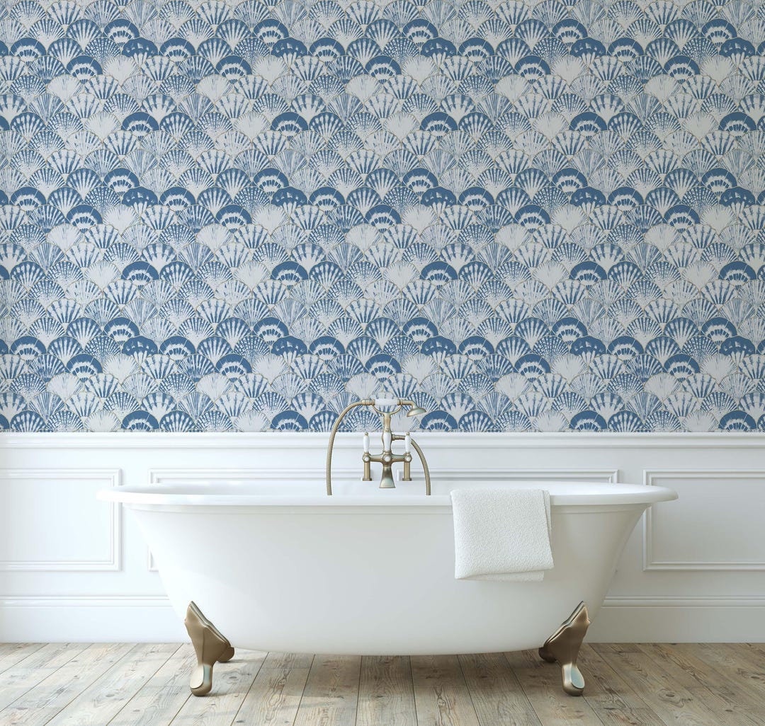 Scallop Shells Wallpaper: White & Blue Coastal Wall Decor - Etsy