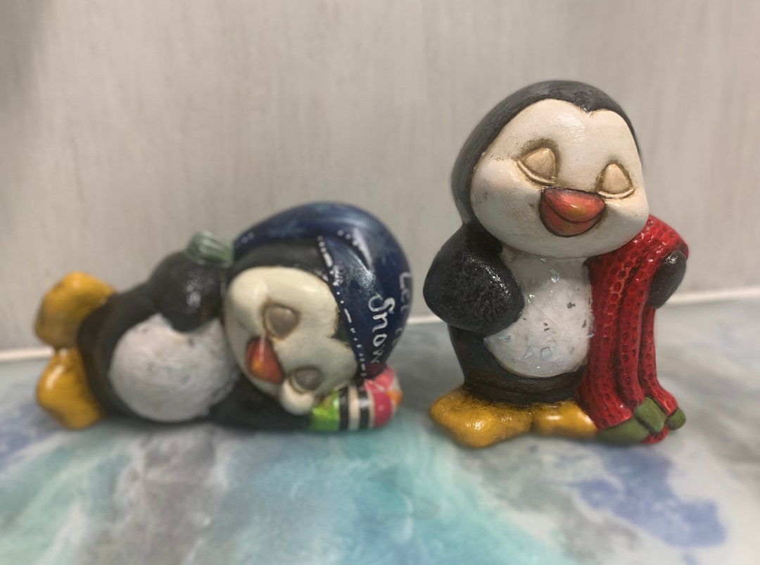 Pair of Winter Penguin Figurines | Ceramic Hand Painted Sleepy Penguins ...
