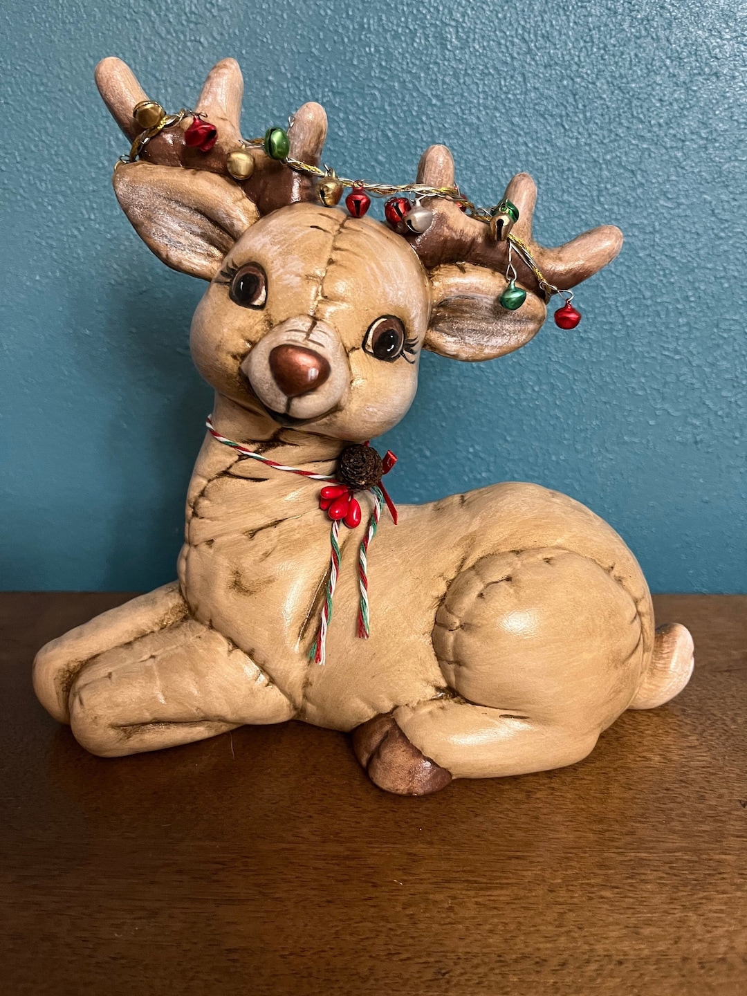 Jingle Bell Christmas Reindeer | Large Ceramic Sitting Reindeer | Hand ...
