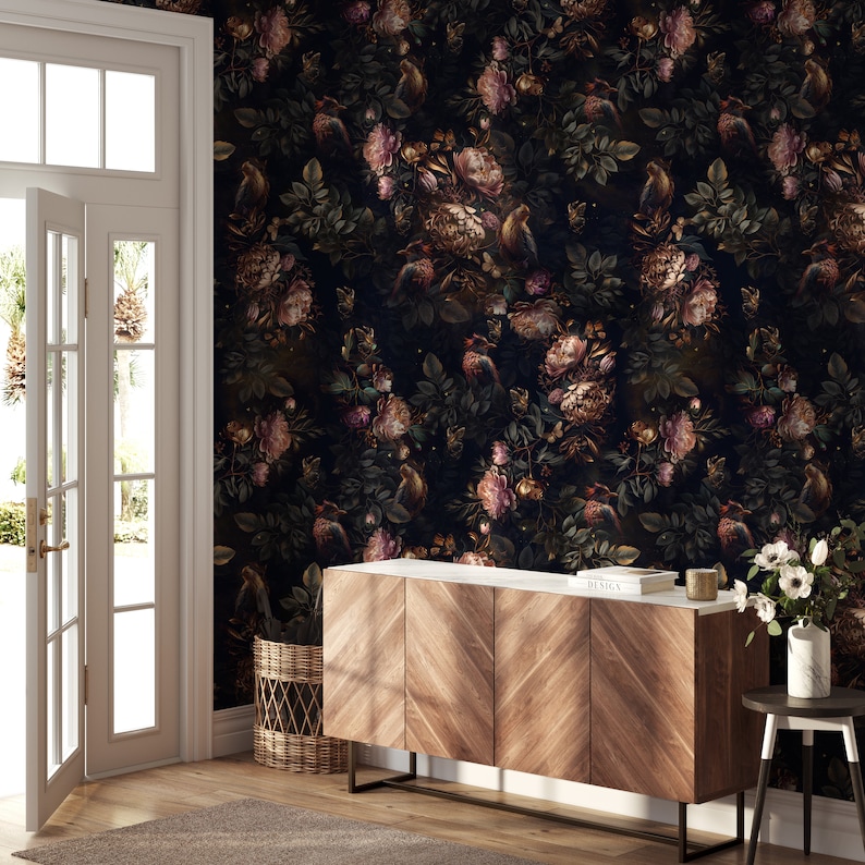 Dark Floral Wallpaper Peel and Stick Dark Blossom Large Wall Mural ...