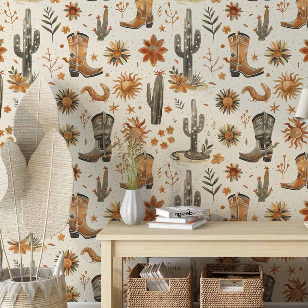 Beige Western Cowboy Decor Self Adhesive Wallpaper - Wild West Cowboy ...