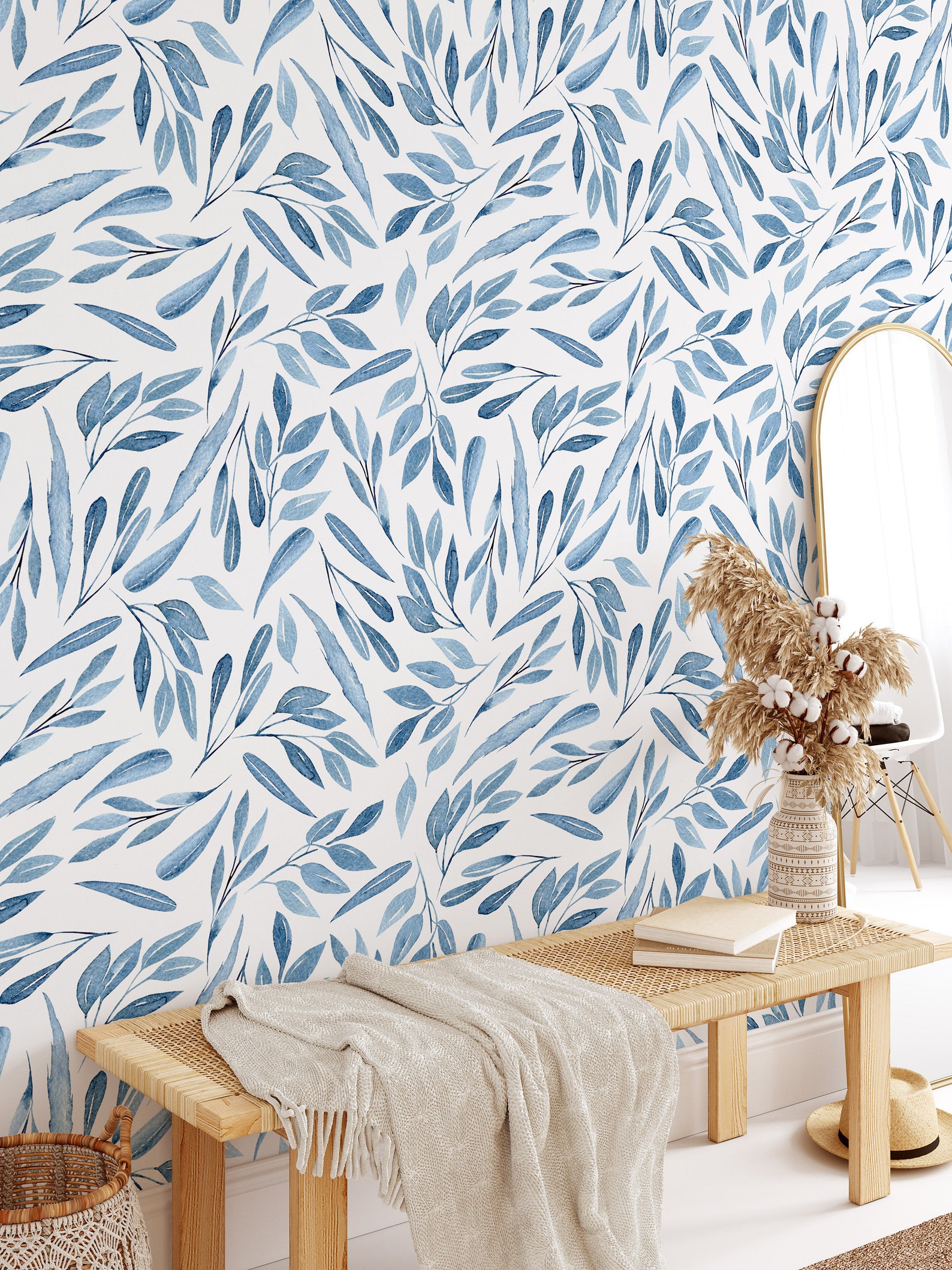 Peel and Stick Removable Wallpaper Blue Watercolor Leaves Wallpaper ...