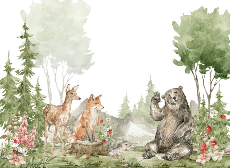 Woodland Wallpaper Forest Animal Peel and Stick Mural - Large Scale ...
