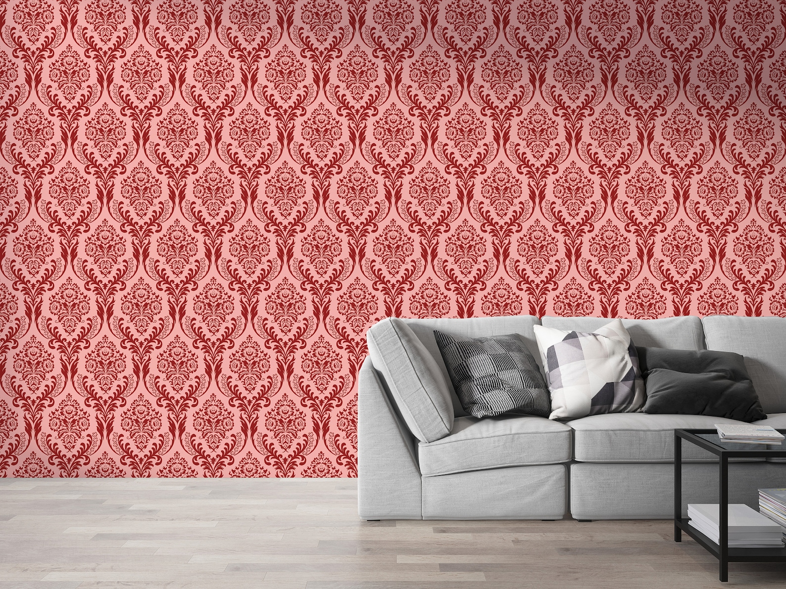 Removable Wallpaper Red Damask Wallpaper Damask Wallpaper Wall - Etsy