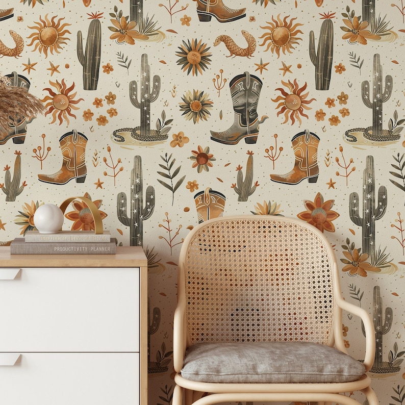 Beige Western Cowboy Decor Self Adhesive Wallpaper - Wild West Cowboy ...