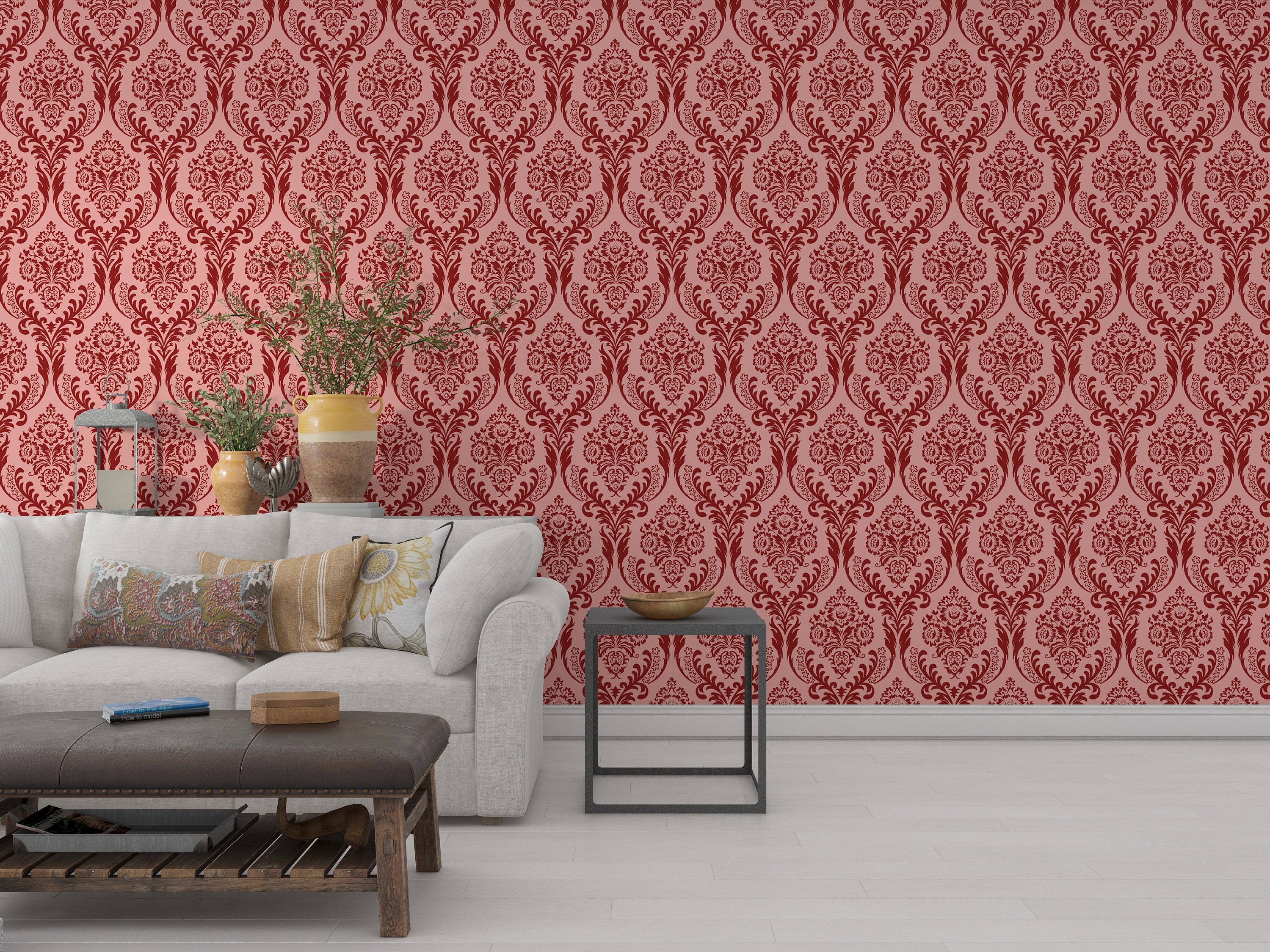 Removable Wallpaper Red Damask Wallpaper Damask Wallpaper Wall - Etsy