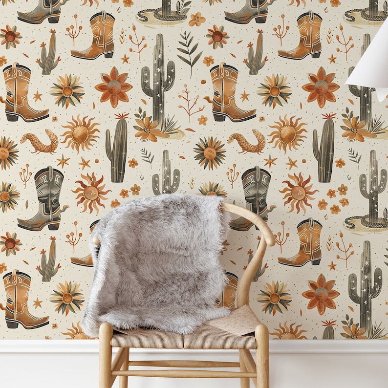 Beige Western Cowboy Decor Self Adhesive Wallpaper - Wild West Cowboy ...