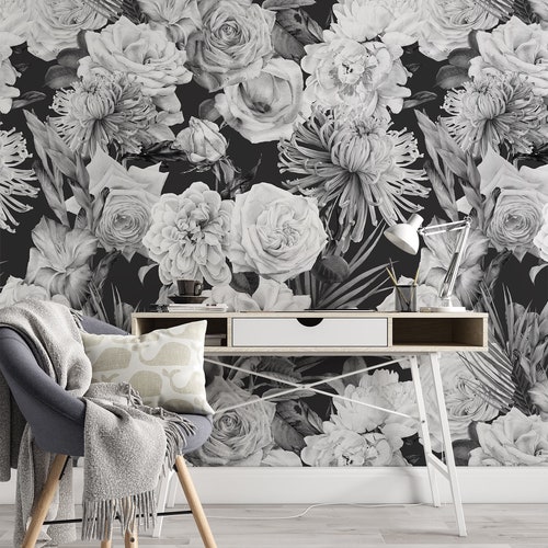 Black & White Floral Wallpaper Self Adhesive Removable - Etsy