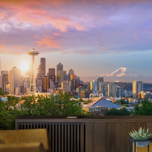 Downtown Seattle Skyline Wallpaper, Landscape Wall Decor | Peel and ...