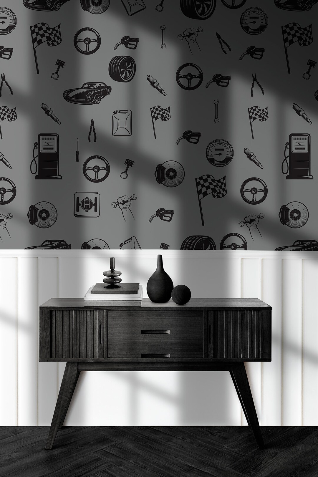 Racing Themed Wallpaper, Cars, Flags & Tools Abstract Gray and Black ...