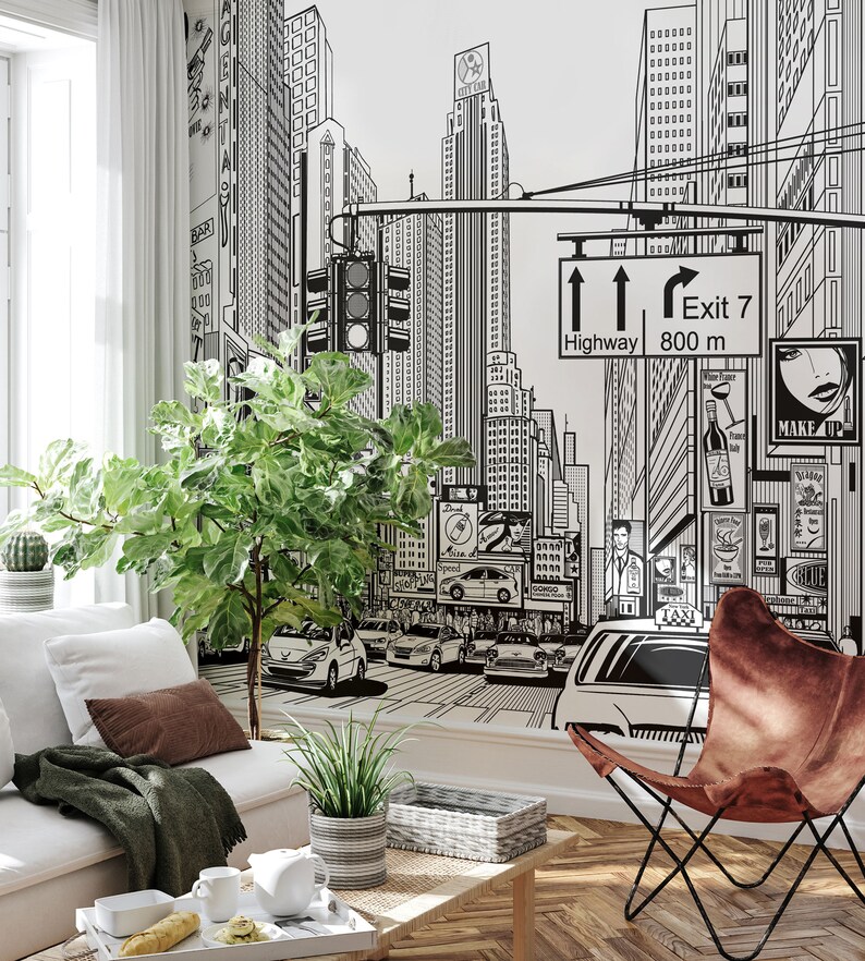 Retro City Monochrome Wallpaper City Street Abstract Line Art - Etsy
