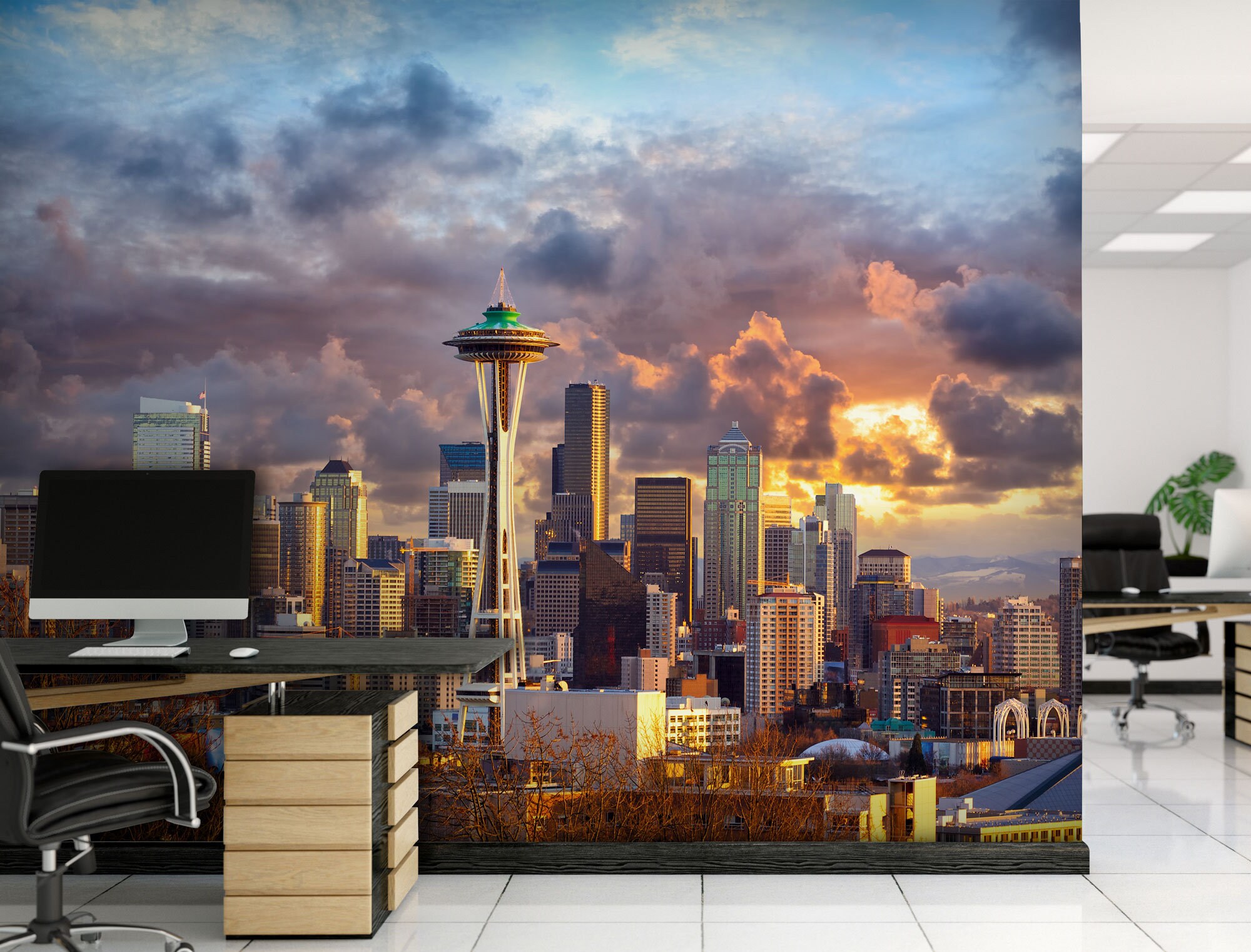 Seattle Skyline at Sunset Wallpaper, WA Landscape Wall Decor, USA Peel ...