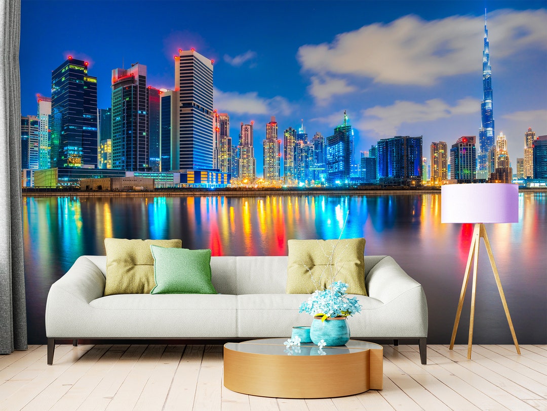 Dubai Skyline Wallpaper, Colorful City Lights, UAE Wall Mural [peel and ...
