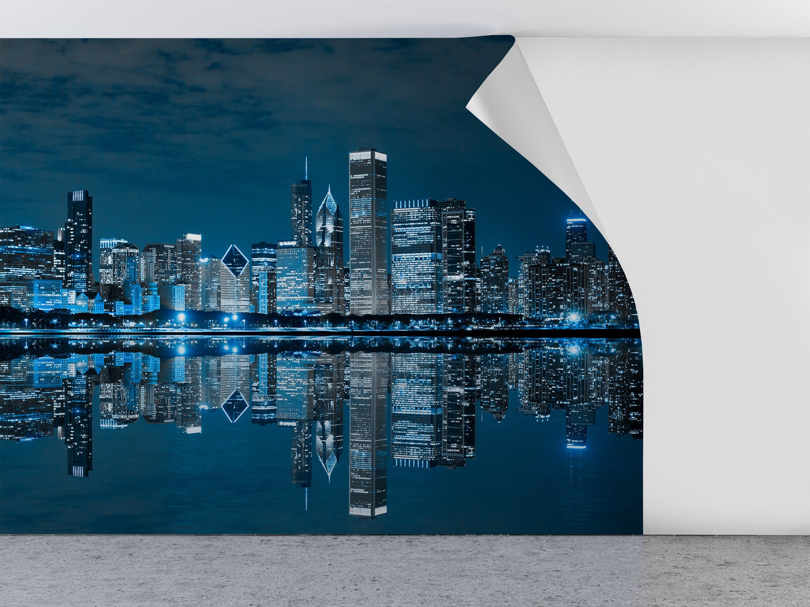 Blue Wallpaper With Downtown at Night, Modern Chicago City Wall Mural ...