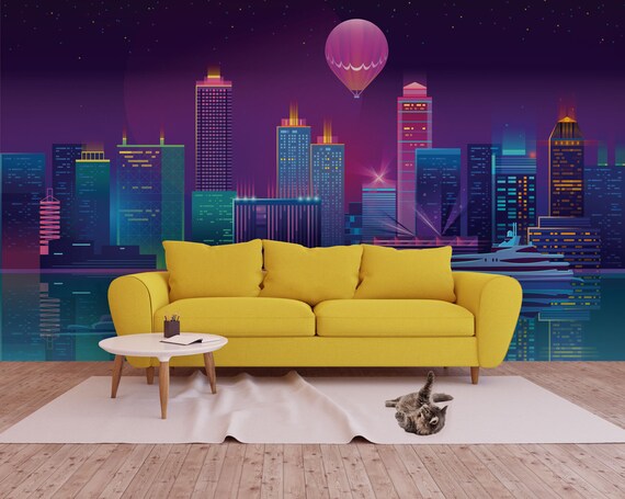 Neon Night City Wall Mural Glowing Skyline Removable Wallpaper - Etsy