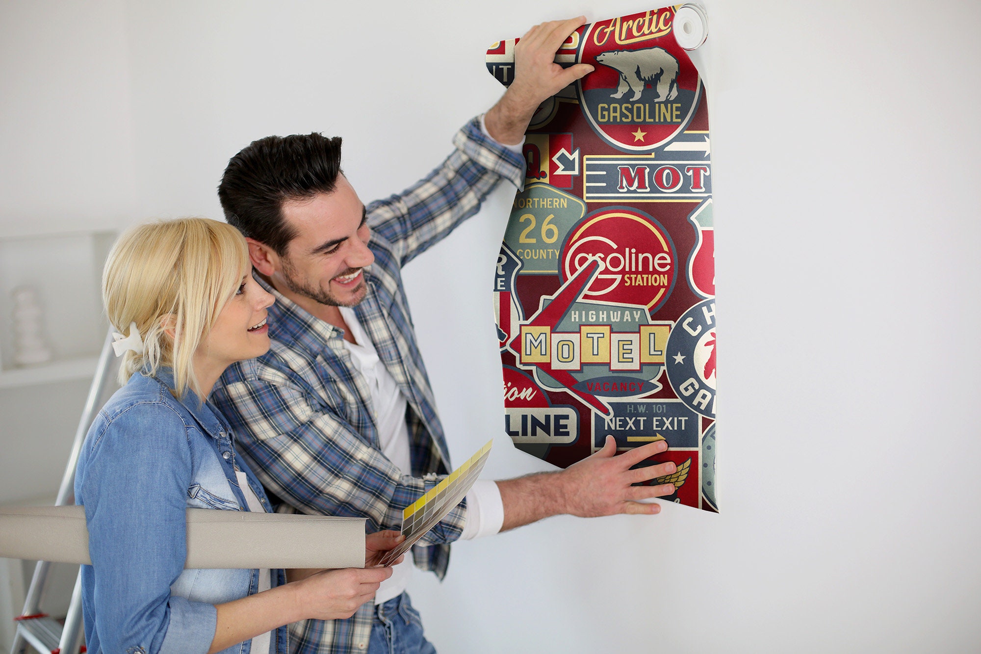 City Advertising & Road Signs Retro Red Vintage Wallpaper [peel and ...