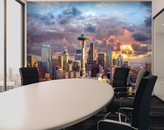Seattle Skyline at Sunset Wallpaper WA USA Peel and | Etsy