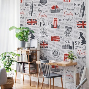 London Newspaper Pattern Wall Mural British Symbols Removable Wallpaper ...