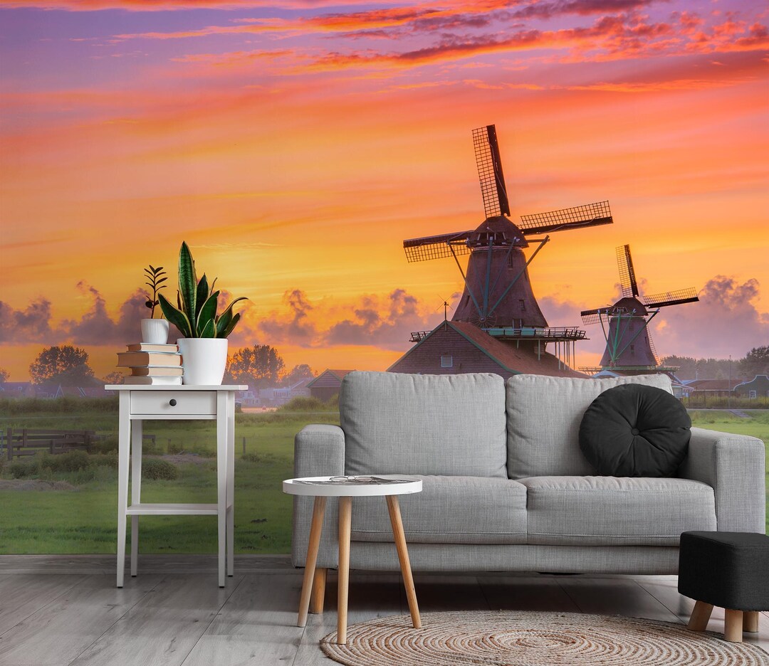 Netherlands Windmill Landscape Wallpaper, Sunset Sky Wall Mural, Wall ...