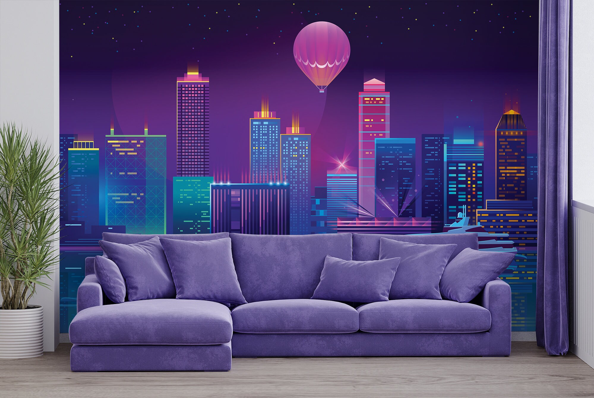 Neon Night City Wall Mural Glowing Skyline Removable Wallpaper Peel and ...