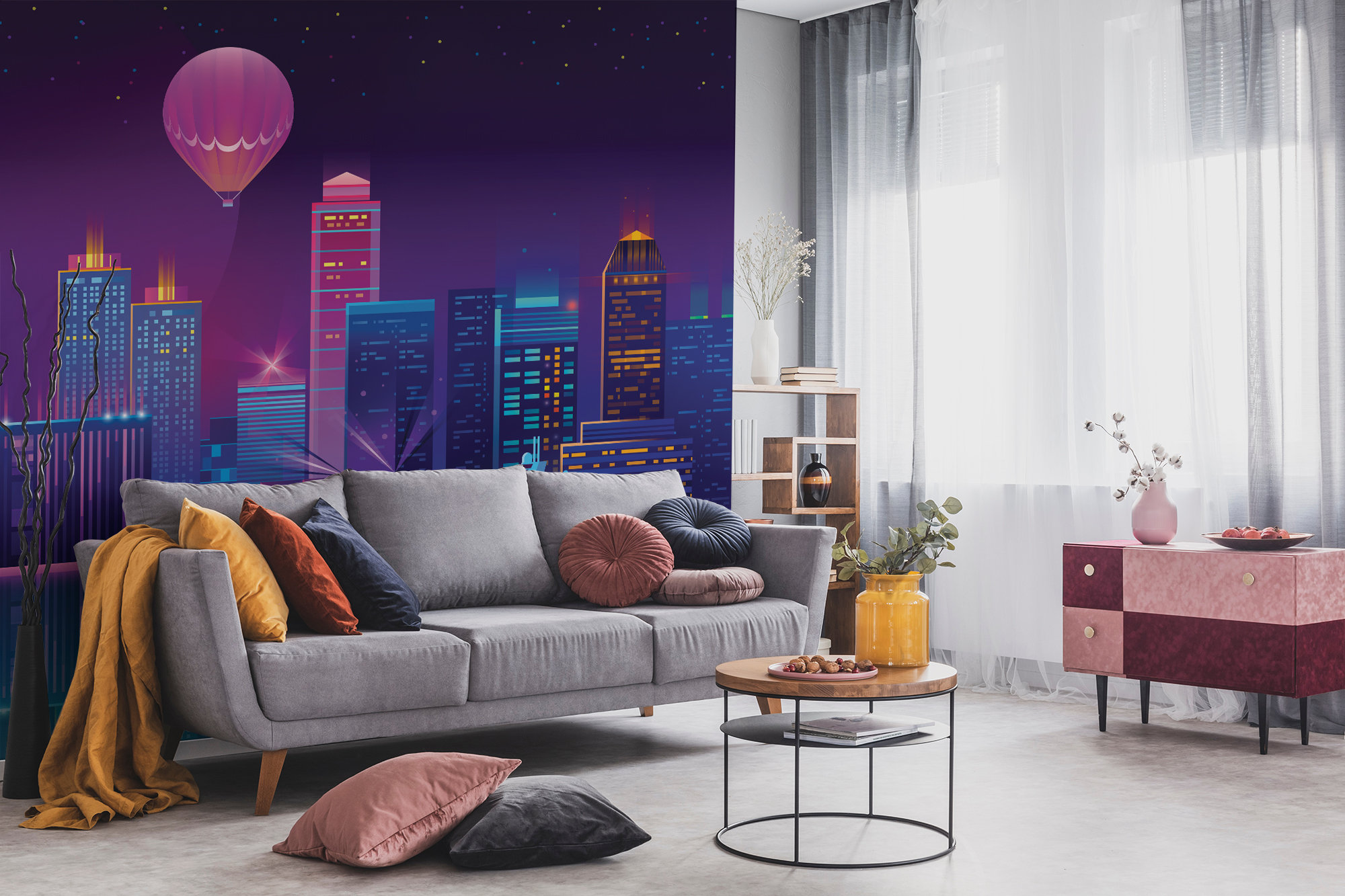 Neon Night City Wall Mural Glowing Skyline Removable Wallpaper Peel and ...