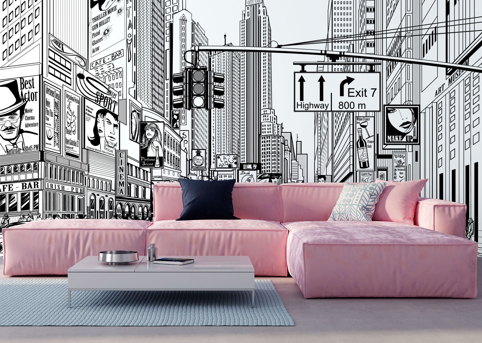 Retro City Monochrome Wallpaper City Street Abstract Line Art - Etsy