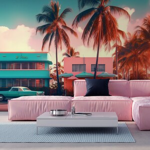 Miami Vibes Wallpaper, Tropical Wallpaper, Retro City Wall Mural, City ...