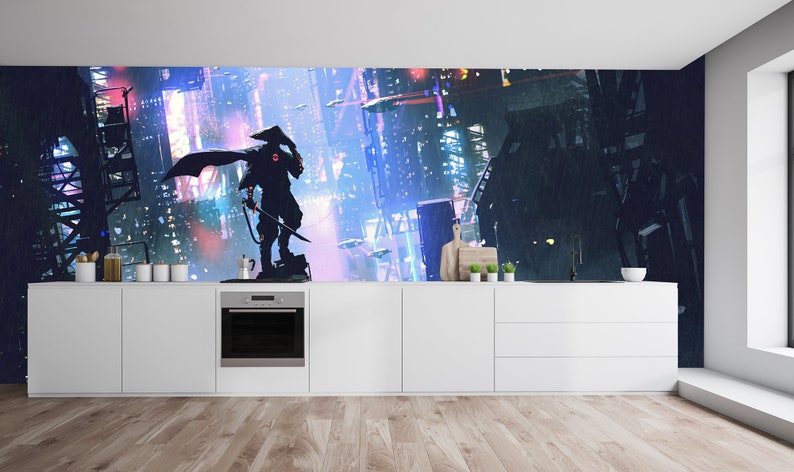 Samurai Wallpaper, Building in Cyberpunk City, Art Style Peel and Stick ...